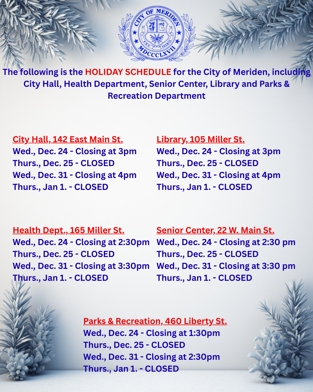 City Offices Holiday Operating Hours